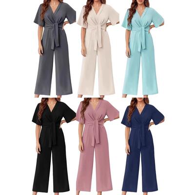 Womens Wide Leg Jumpsuits Short Sleeve V Neck Tie Knot High