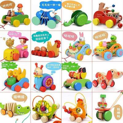Wooden children s small pull cart toy baby trolley towing to