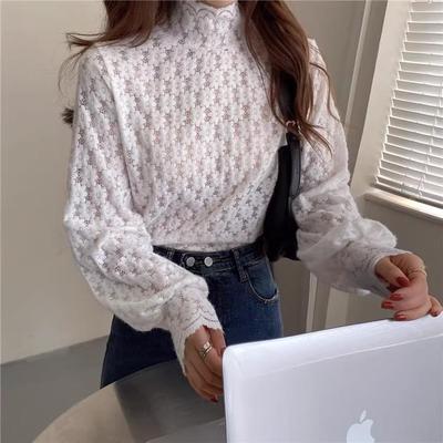 秋冬打底衫磨毛蕾丝加新款内搭镂空洋气泡泡袖白色网纱1226k