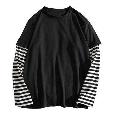 Student T-Shirts Fake Two Piece Set Striped Long Sleeve O Ne