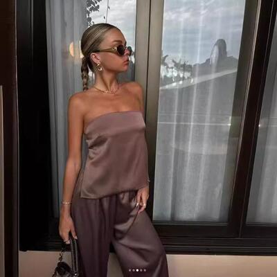 Women Satin 2 Piece Outfits Bandage Backless Bandeau Tops