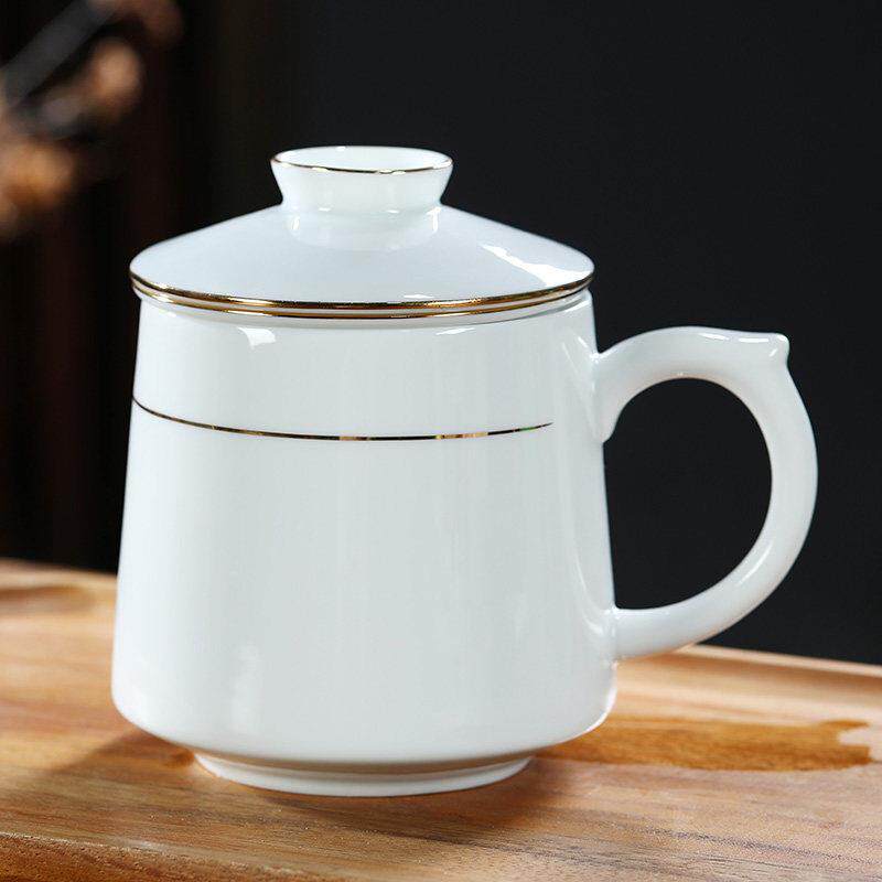 景德镇陶瓷茶杯带过滤描金白色办公室泡茶杯茶水分离杯子带盖子定