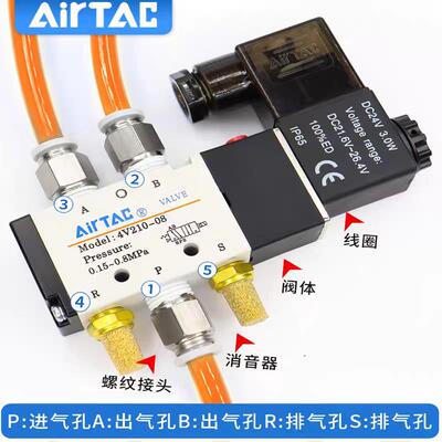 亚德客二位五通电磁阀4V210-0824V 310线 线圈220V