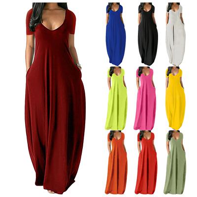 Womens Summer Short Sleeve VNeck Maxi Dress Casual Loose