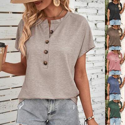 Women Casual Henley V Neck Sleeve Shirts Summer Tops Buttons