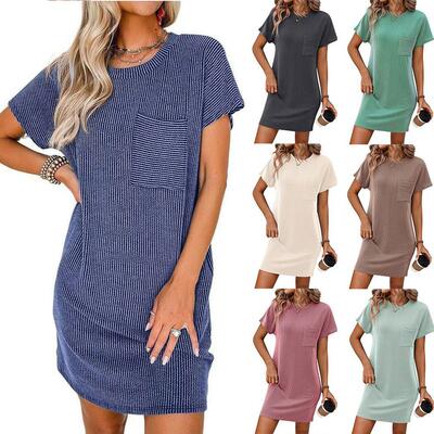 Women's Twisted Strip Short Sleeve Pocket Dress