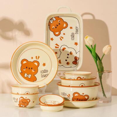 Cartoon Cute Bear Design Cream-Colored Ceramic Bowl and Plat
