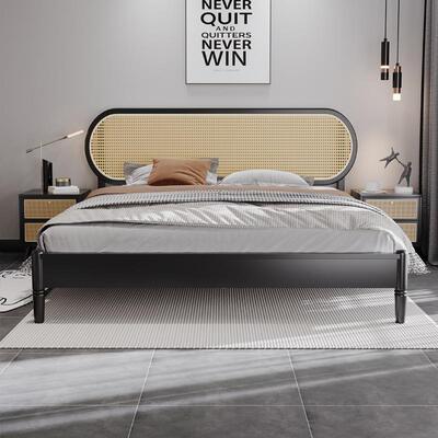 代简床约藤编实木床现主公卧室1RSV米2单人床轻奢黑白色1.8米寓木