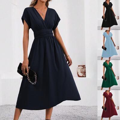 Wine Color V Neck Waist Cinching Flowy Womenswear Dress
