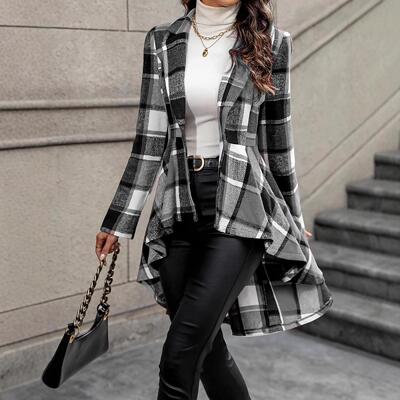 Women's Plaid Print Button High Low Hem Jacket Coats, Casual