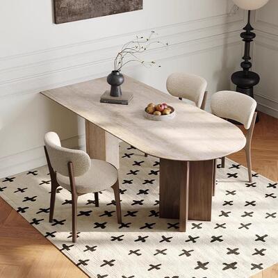 法式复古黑胡桃色实木餐桌椅简约洞石岩板设计师半椭圆岛台餐桌