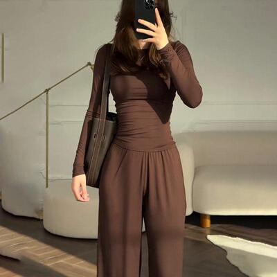 Loose elastic wide leg pants set for women