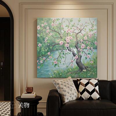 河畔春影中古田园风河岸桃花春树手绘油画客厅装饰画餐厅玄关挂画
