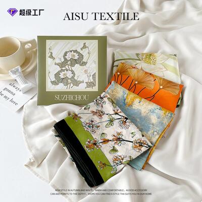 Silk scarves square scarves green lotus flowers 丝巾方巾绿色