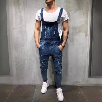 Men's Plain Ripped Pocket Denim Overalls without Tee
