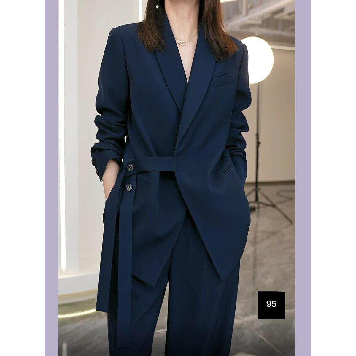 香港2026春西服套装宽松系带外套洋气减龄大码西装阔腿裤两件套女