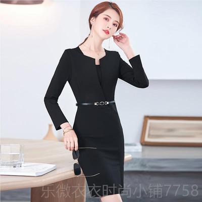 新款端长高袖连衣裙面装时尚名媛美容师售楼试正部前台金店导购工