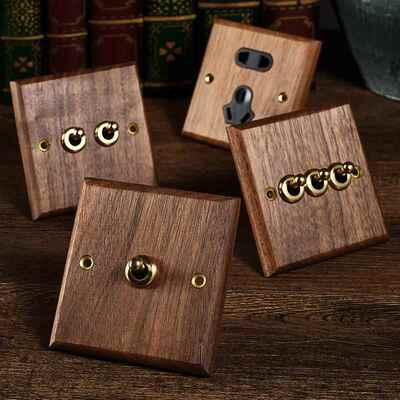 普田PIALT 胡桃木实木开关 单开黑胡桃 黄铜复古仿古一开双控拨杆