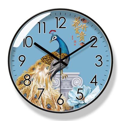 新款直销6834客厅静音挂钟新中式富贵吉祥孔雀钟表静音扫秒石英钟