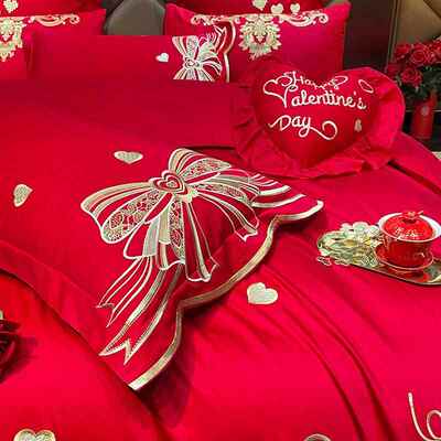 婚庆四套婚嫁件新婚品刺绣被套床大红中式结龙婚礼HFT-202婚房婚