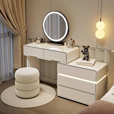 新款实踢脚线梳妆台简型现代约-4656奶油风小户化妆桌卧室床木头
