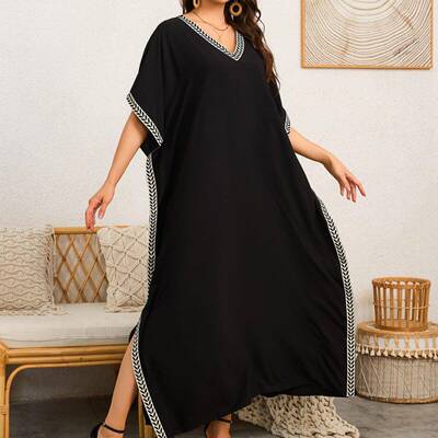 Women'S Plus Size Moroccan Print V-Neck Batwing Kaftan,