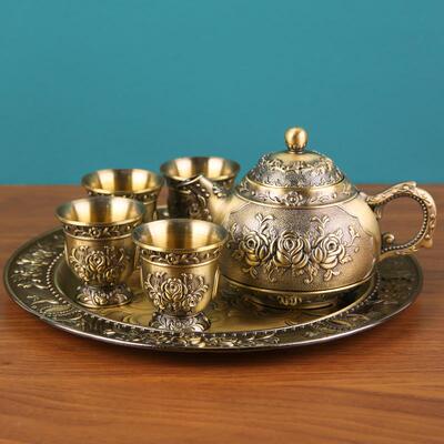 高档青铜款家龙套凤茶具装杯1茶壶1托盘4茶杯国风金属用茶具套装