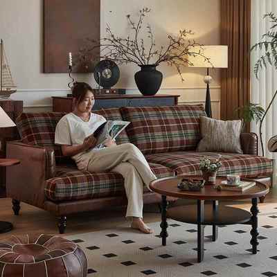 美式复古皮布沙发布艺中古风法式小户型田园风二三人位民宿可拆洗