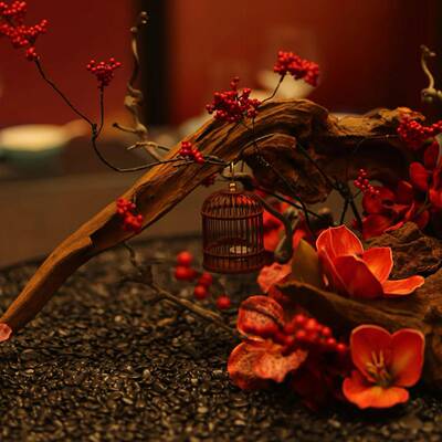 酒观店餐桌转盘中间装饰圆桌摆花中式NER花现代风餐桌大花桌景摆