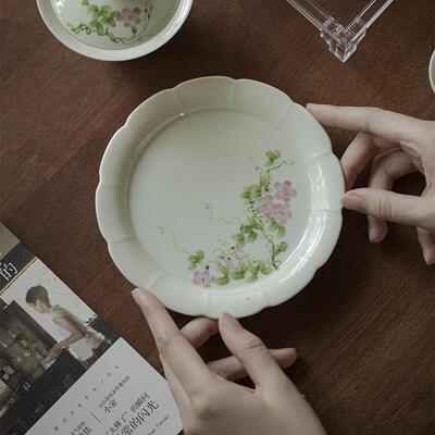墨己小苍翠花边手绘牵牛花壶承茶道配件陶瓷盘多用茶点盘干泡盘