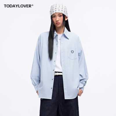 TODAYLOVER美式潮牌笑脸刺绣条纹长袖衬衫女春季复古休闲衬衣外套