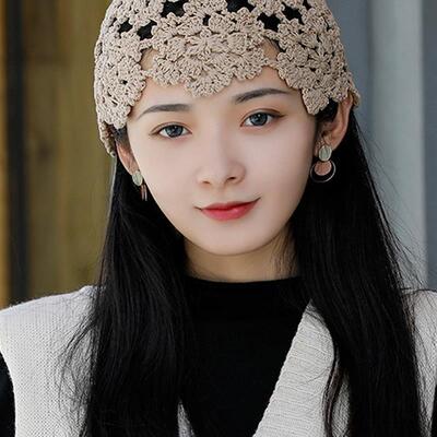 帽子遮白发的头饰新款女薄款大头围勾花镂空针织帽头巾女士蕾丝包