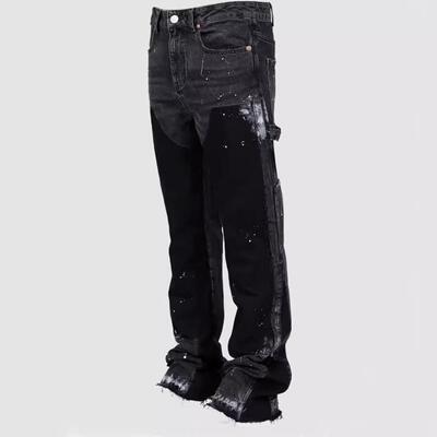 Men denim work pants with elastic patch layered flared pants