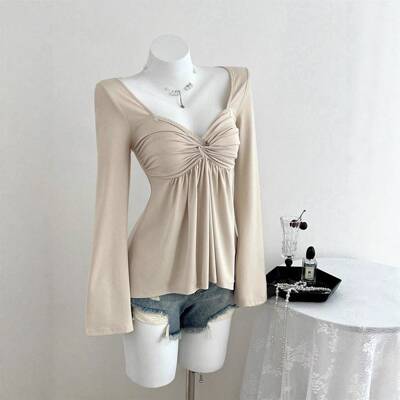 French Heart Neck Flare Sleeve Women Spring Fall Knot