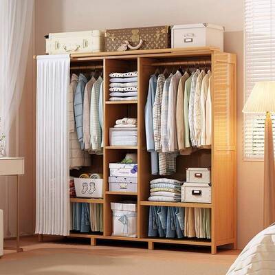 木简衣柜租房防尘经济实易型结实耐用挂ARH衣橱带遮挡帘出卧室大
