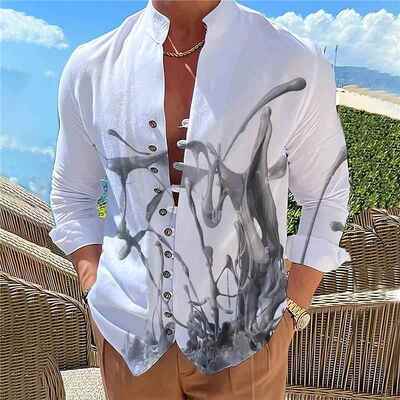 Men's Pure White Button-Up Long-Sleeve Shirt Coconut Tree