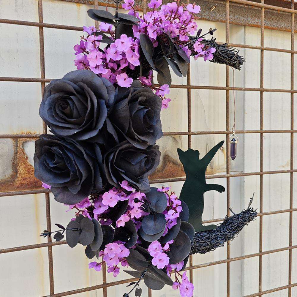 跨境万圣节月亮猫咪花环挂饰 鬼节led黑玫瑰枯枝仿真藤圈装饰道具
