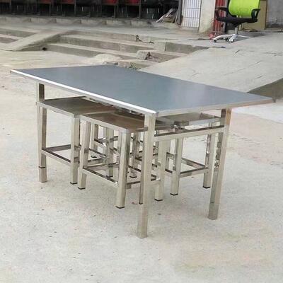 学新校公员工不司锈钢餐桌41人钢6人8人款加厚不锈挂凳食堂餐桌椅