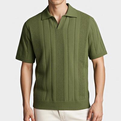 Flip collar short sleeved knitted T-shirt for men, color