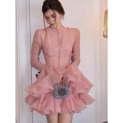 Luxury O Neck Pink Ruffle Button Female Vestidos Fashion Lon