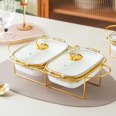 亚马逊9寸长方形陶瓷烤盘酒店加热餐炉酒精蜡烛锅casserole陶瓷锅