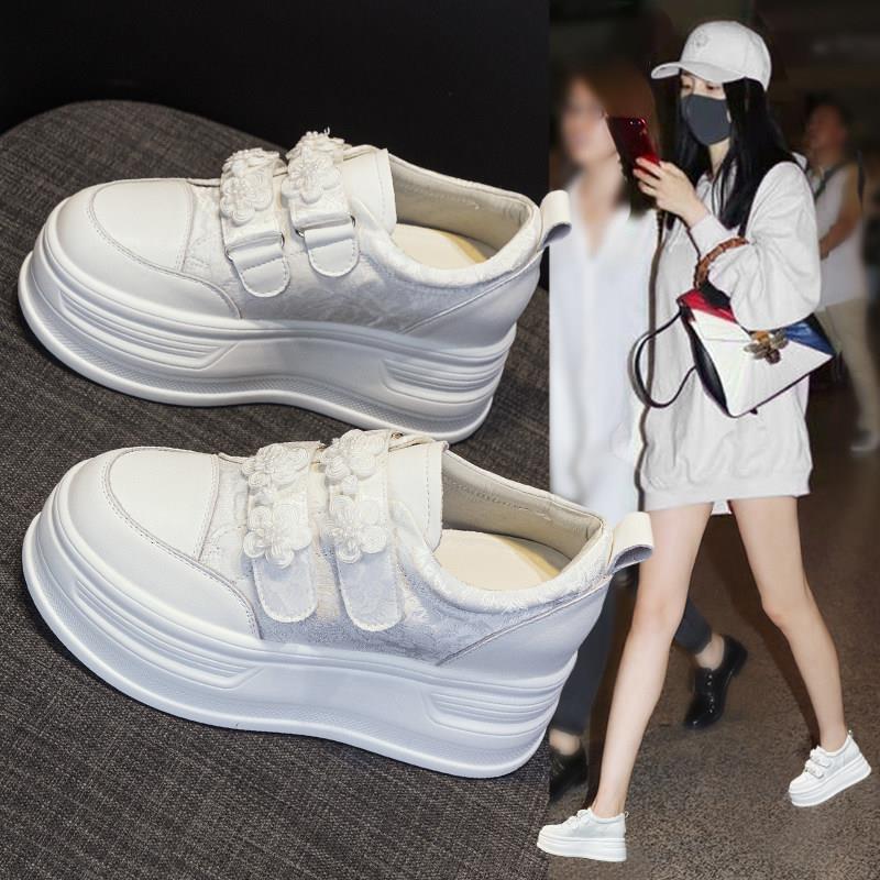 增加高度8cm ~缎面厚底白女鞋2025春季新款厚底休闲百搭运动鞋