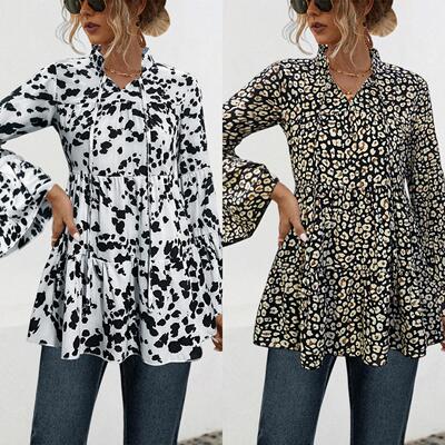 Printed collar, lace up, flared sleeve top