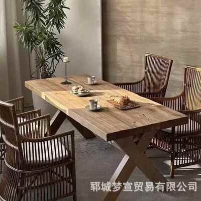 式新中榆木桌做旧老门板A25124-办公桌椅长条桌老实木功夫泡茶茶