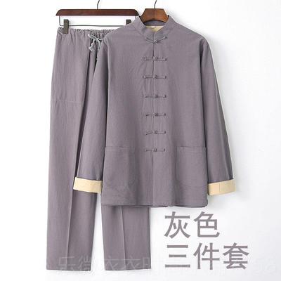 新款新款唐装男年长袖套装中老年亚外套三件麻套中式国中风汉服休
