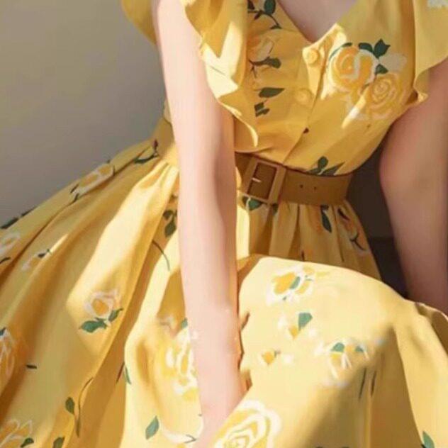 法式黄色玫瑰印花洋装女夏季新款小众设计感V领收腰绝美长裙子