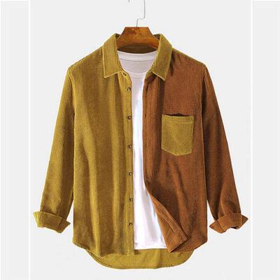 Men's Lapel Pocket Long Sleeve Shirts Corduroy Patchwork