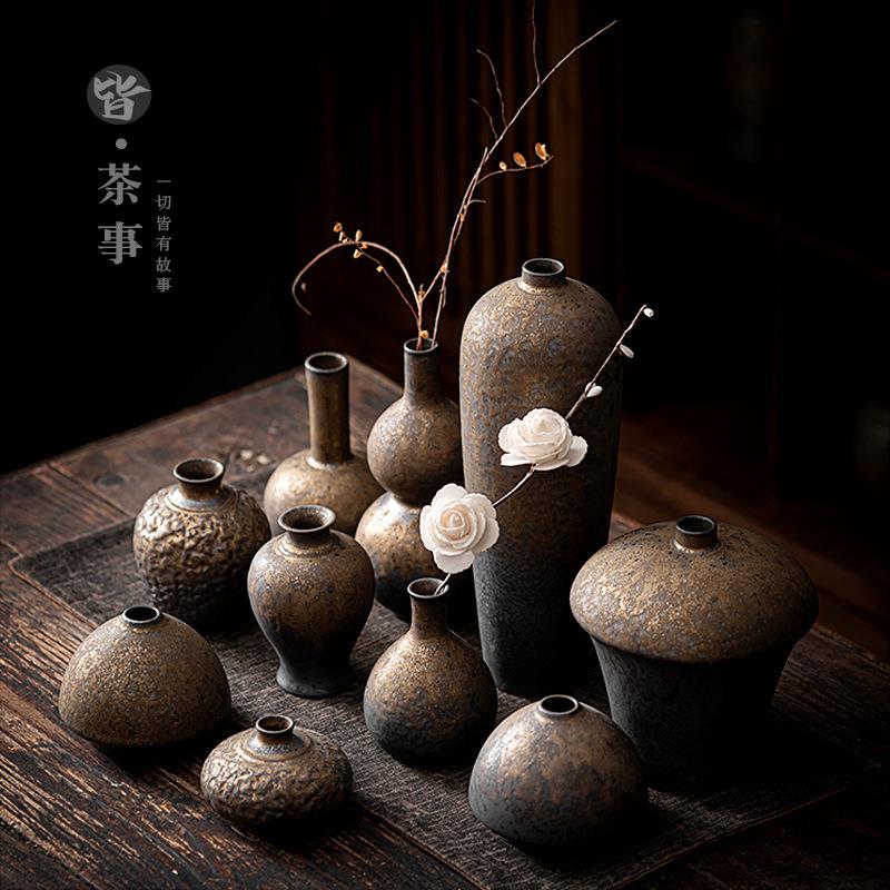鎏金陶瓷小花瓶中式干花花插水培粗陶花器桌面装饰禅意家居小摆件