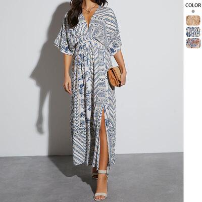 Women's Floral Print Tie Waist Maxi Cover Up Dress Bohemian