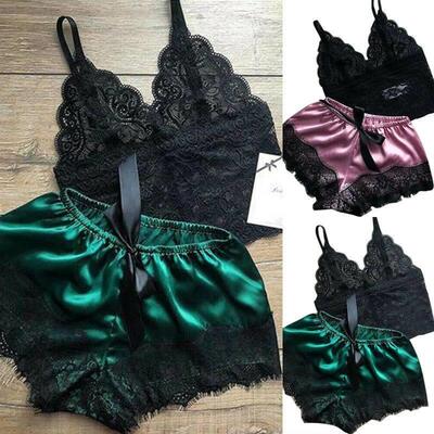 2PCS Womens Lace Sleepwear Lingerie Tops Shorts Set Babydoll